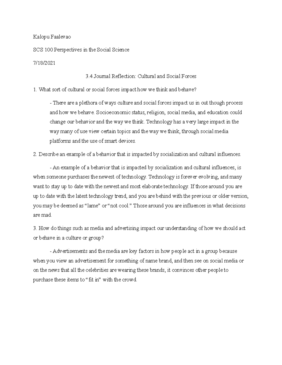 3-4 Journal Reflection - Kalopu Faalevao SCS 100 Perspectives in the ...