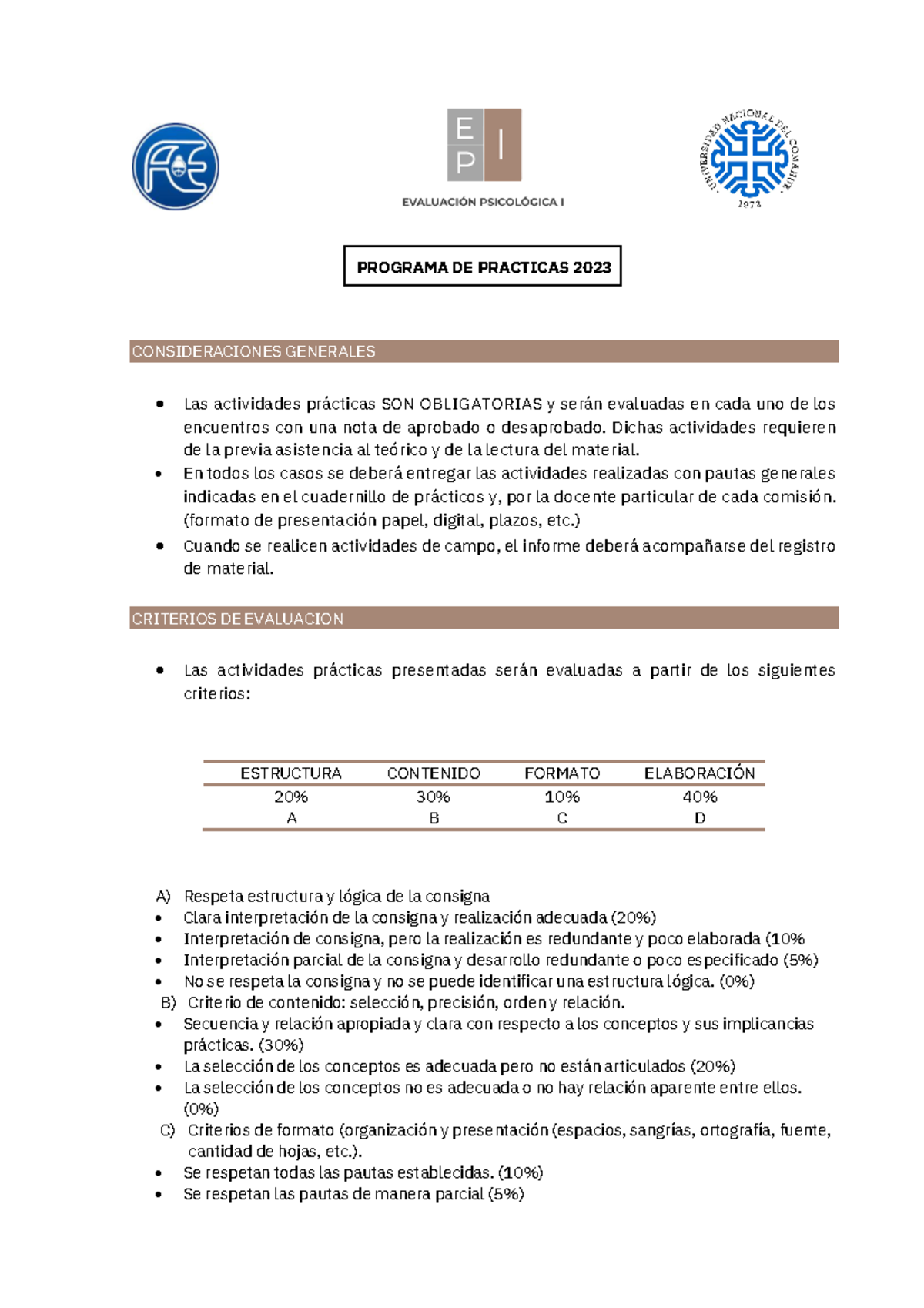 Programa Y Cuadernillo DE Actividades Practicas - ####### PROGRAMA DE PRACTICAS 2023 ...