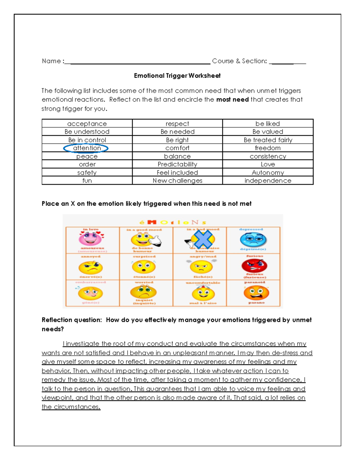 Worksheet on Emotional Triggers - Name :__ Course & Section ...