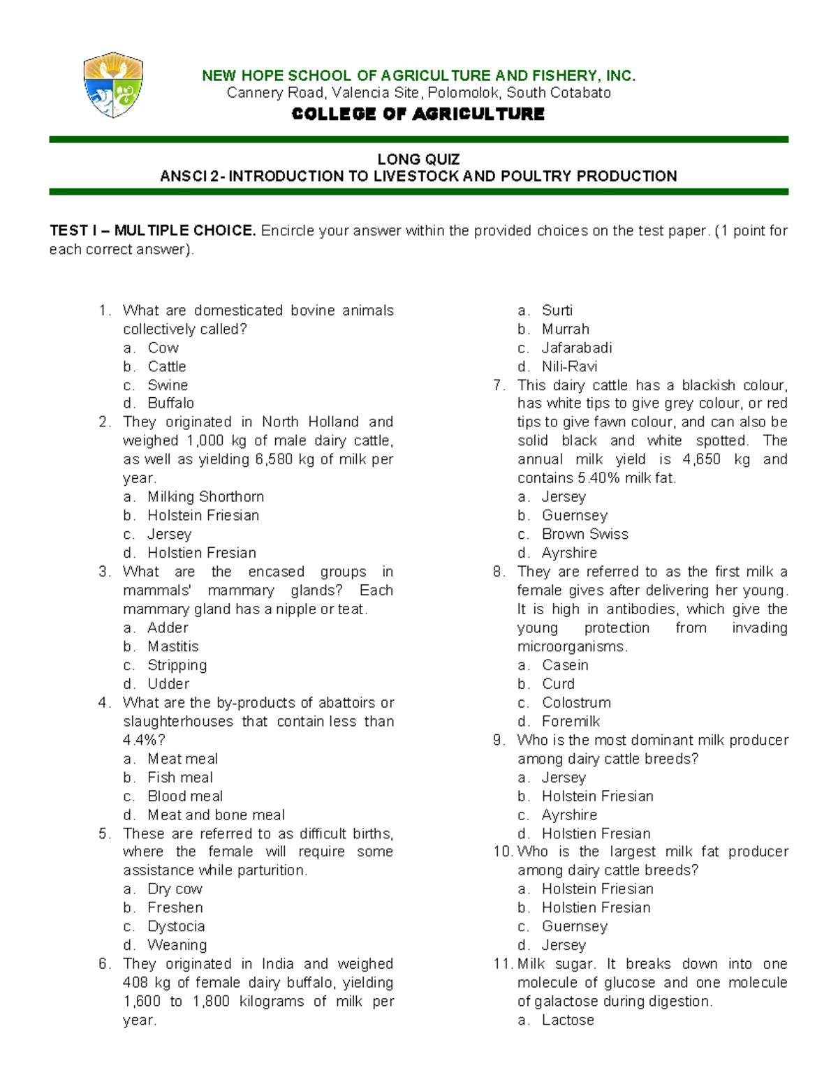 Long Quiz 1, Livestock and Poultry production - NEW HOPE SCHOOL OF ...