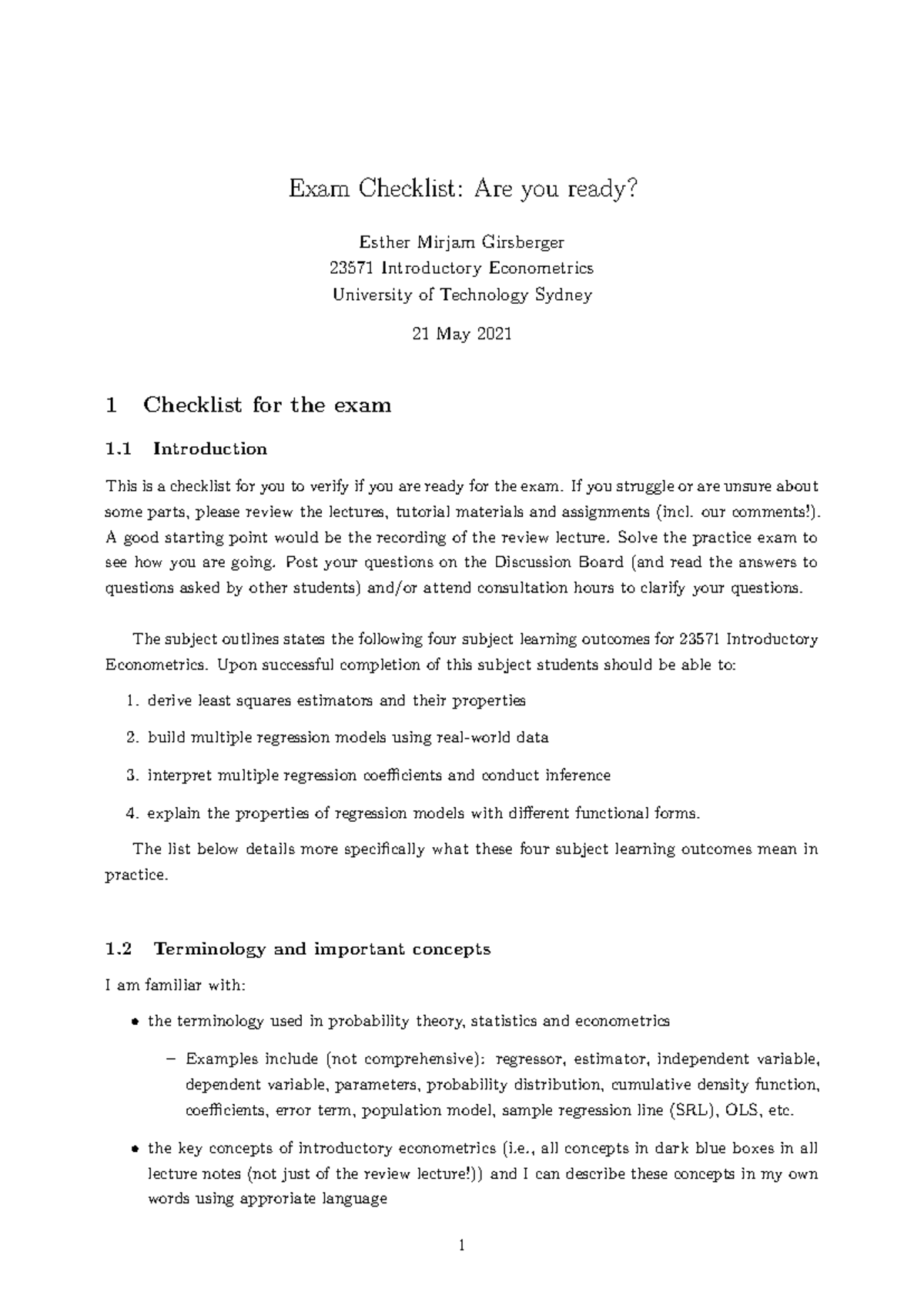 Exam Checklist for final exam - Exam Checklist: Are you ready? Esther Mirjam Girsberger 23571 ...