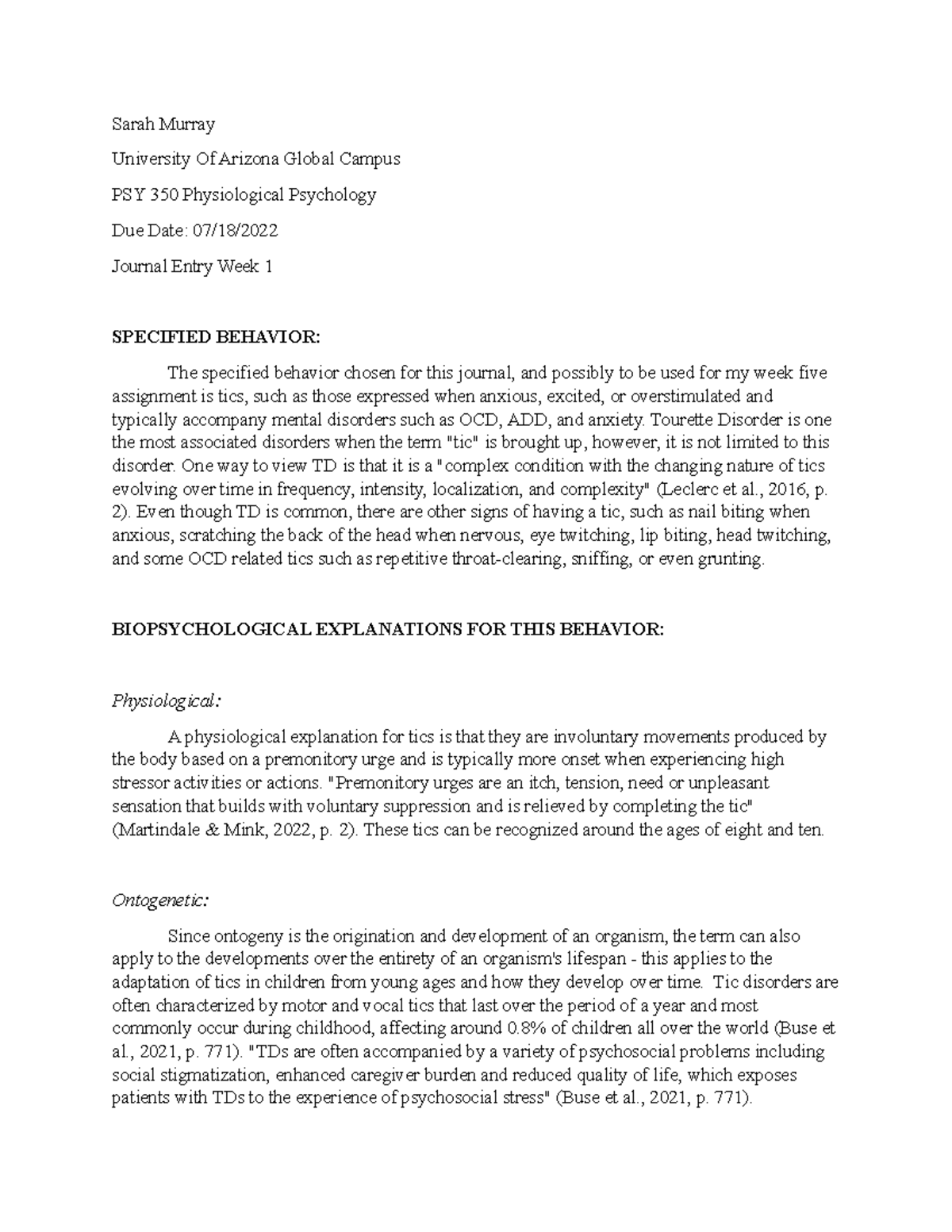 PSY350 WEEK 1 Journal - Sarah Murray University Of Arizona Global ...