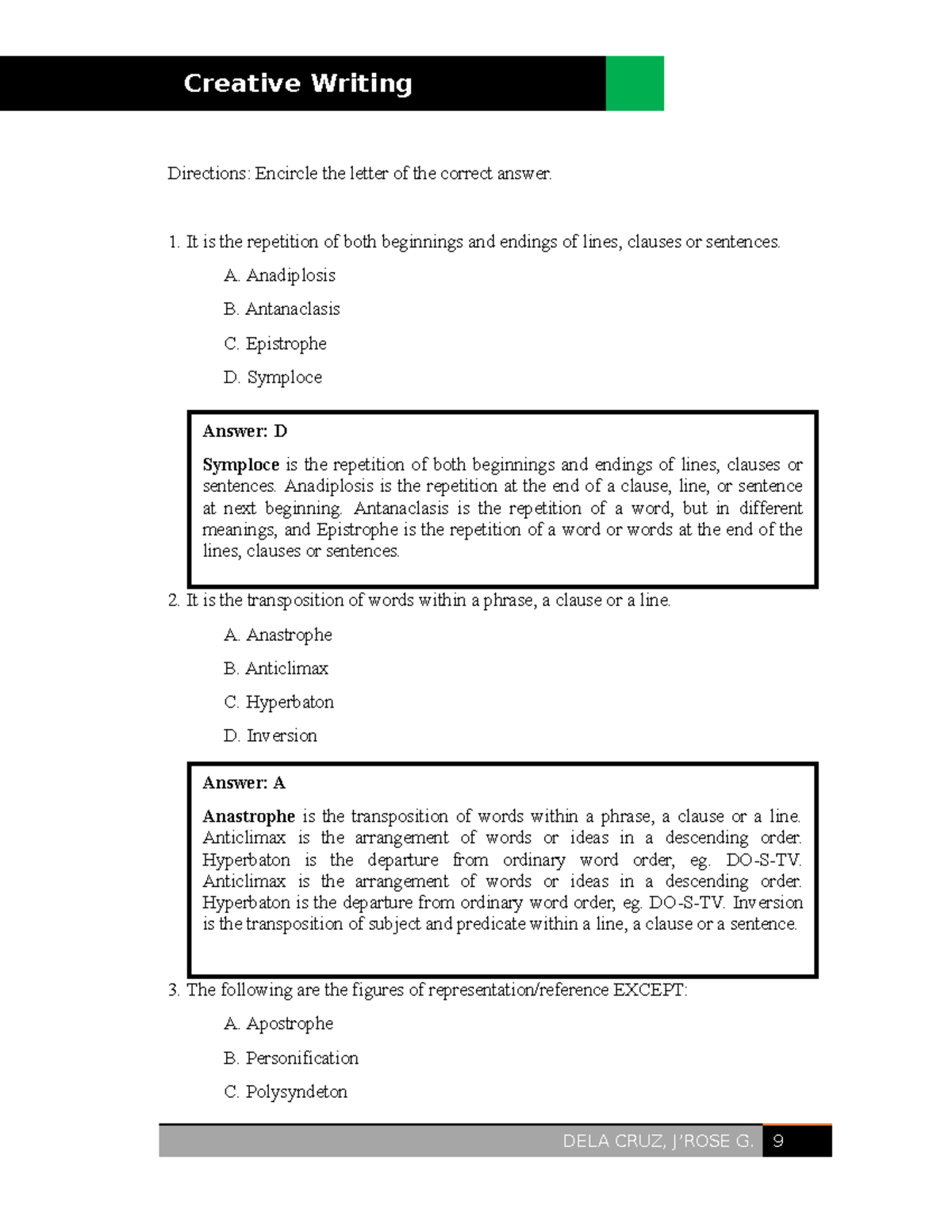 Competency Appraisal - Creative Writing Reviewer - Directions: Encircle the letter of the ...