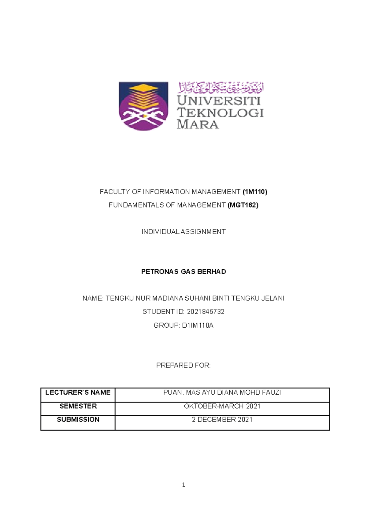 Mgt162 indiv assignment - FACULTY OF INFORMATION MANAGEMENT (1M110 ...