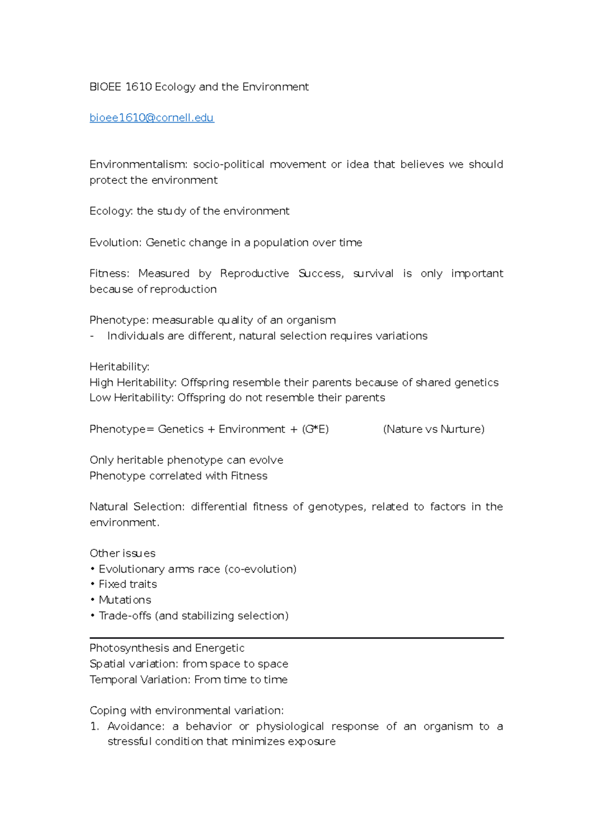 BIOEE 1610 Ecology and the Environment - BIOEE 1610 Ecology and the ...