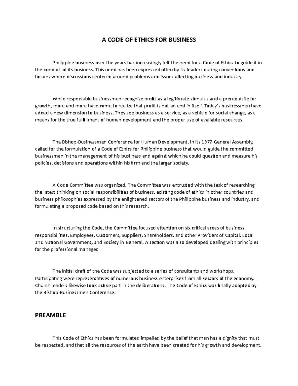 A CODE OF Ethics FOR Business - A CODE OF ETHICS FOR BUSINESS ...