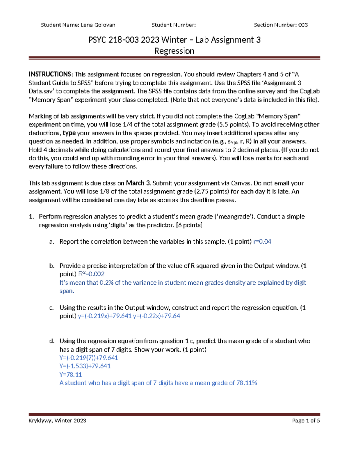 PSYC 218 003 2023 - Assignment 3+ - PSYC 218-003 2023 Winter – Lab Assignment 3 Regression - Studocu