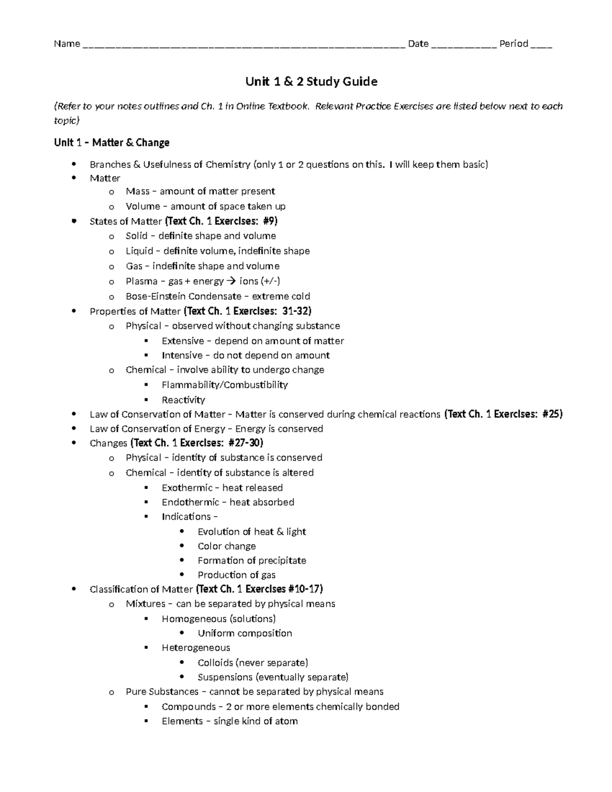 Unit 1 & 2 Study Guide - Name