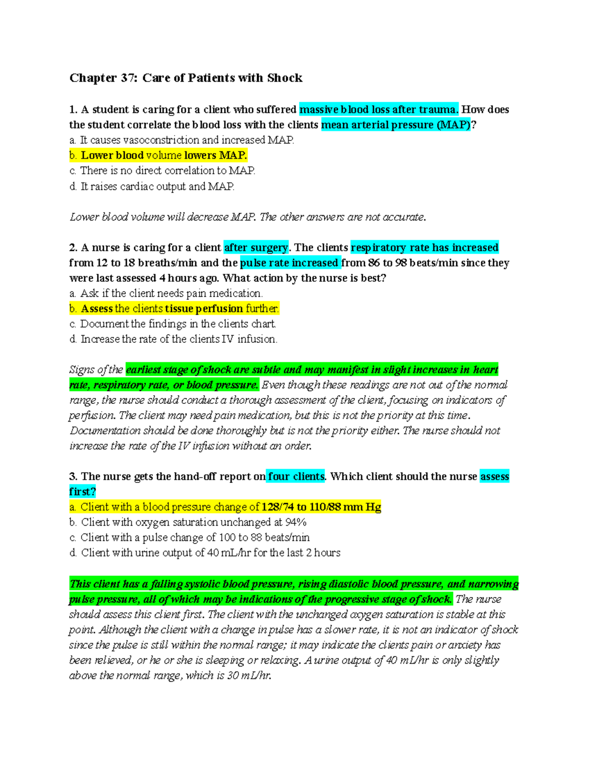 Final Practice Answers - Chapter 37: Care of Patients with Shock A ...
