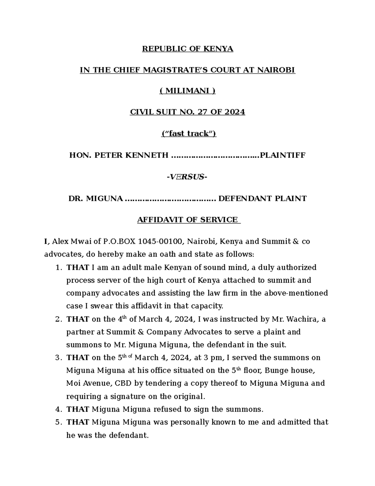 Republic OF Kenya, affidavit of service - REPUBLIC OF KENYA IN THE ...