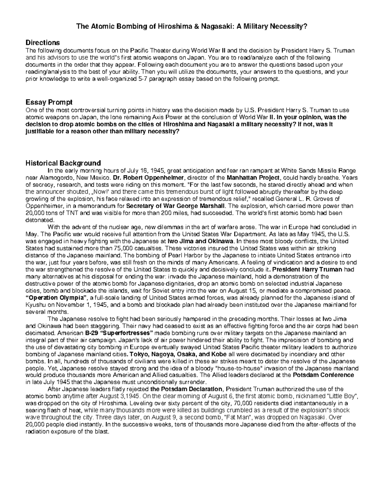 Leticia Araujo Miranda - US History II Atomic Bomb DBQ - Directions The ...