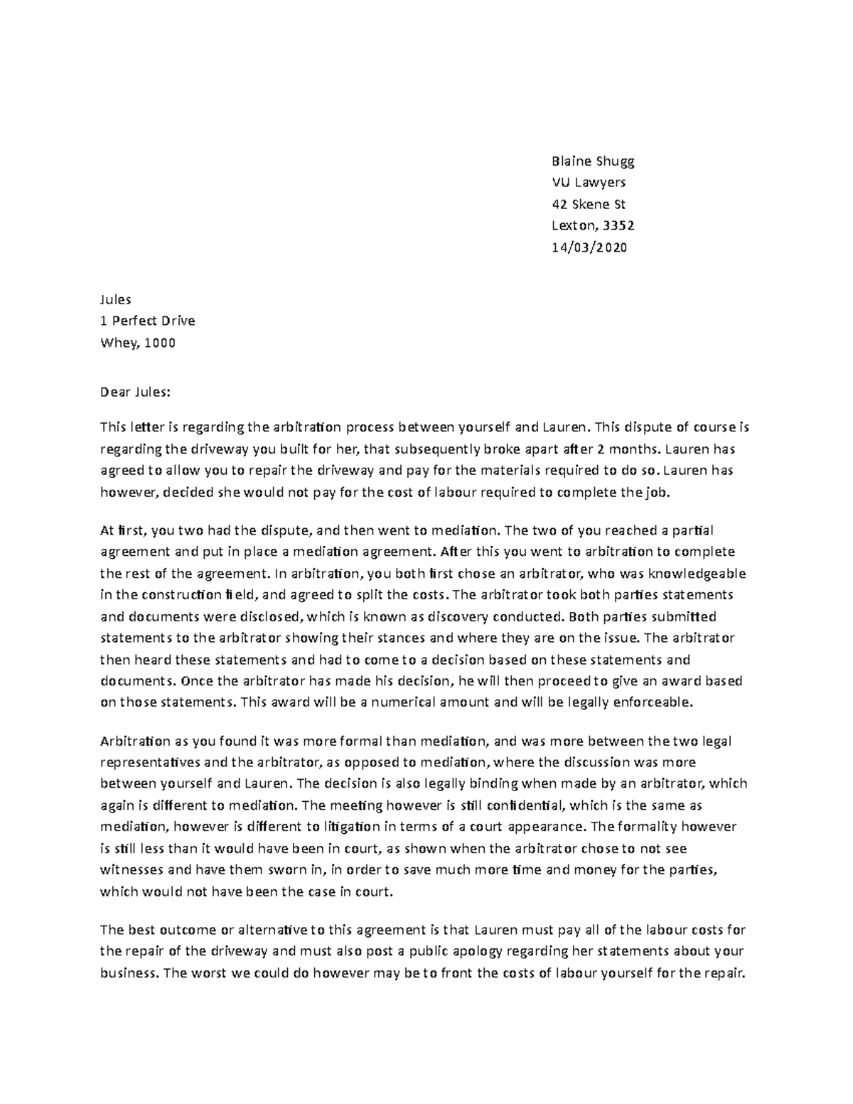 ADR Letter of Advice - Blaine Shugg VU Lawyers 42 Skene St Lexton, 3352 ...