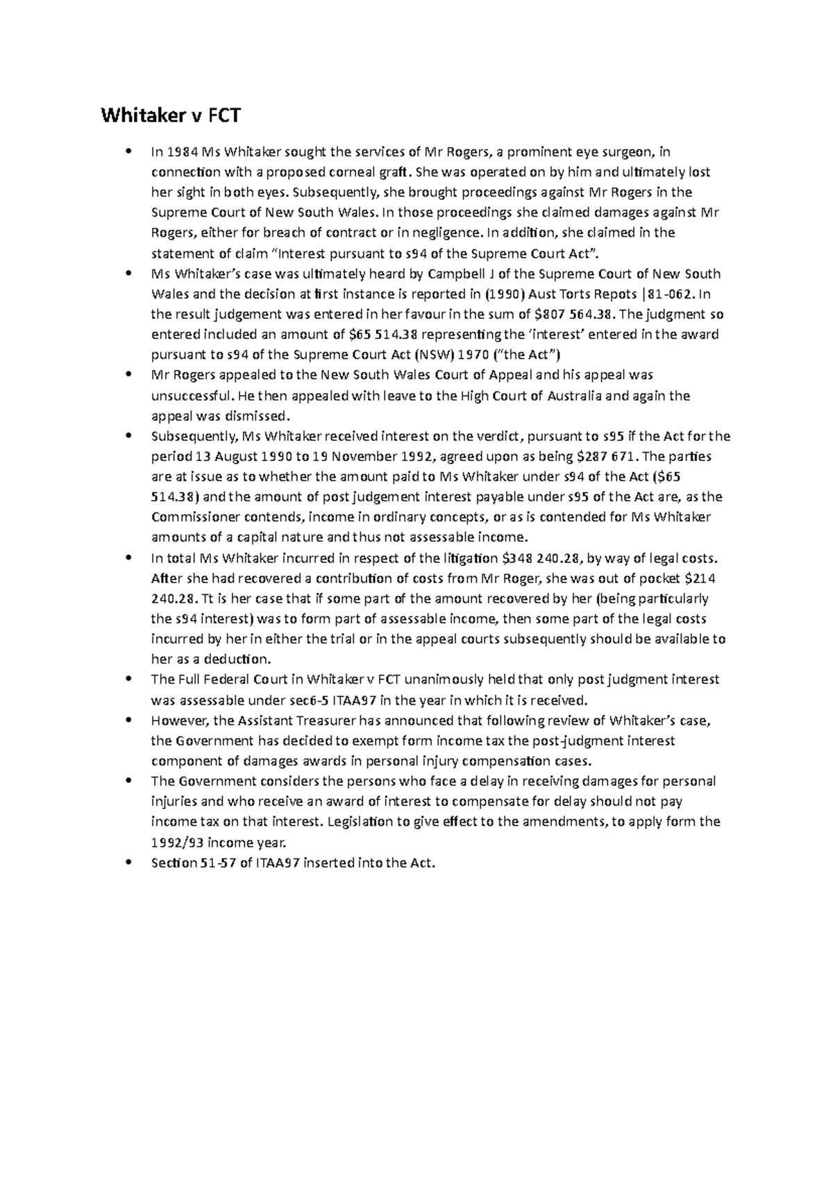 Week 3 case- Whitaker v FCT - Whitaker v FCT In 1984 Ms Whitaker sought ...