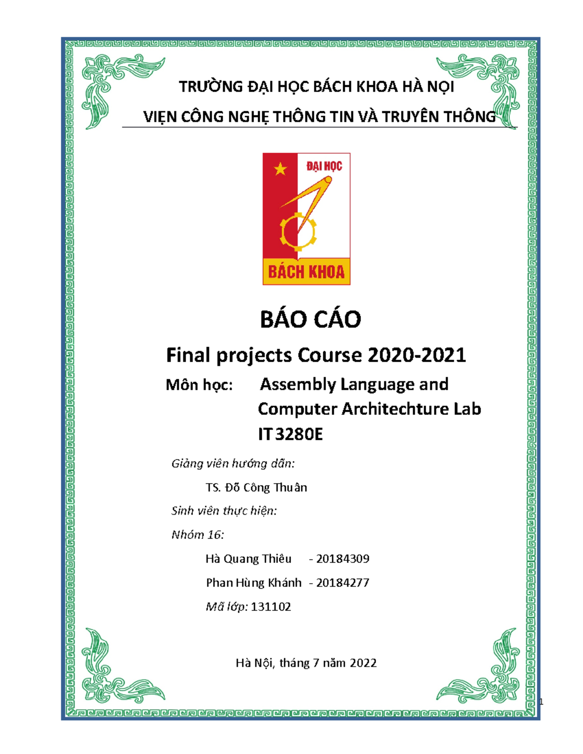 Assembly-Report-Group 16 - TR NG Đ I H C BÁCH KHOA HÀ N IƯỜẠỌỘ VI N ...