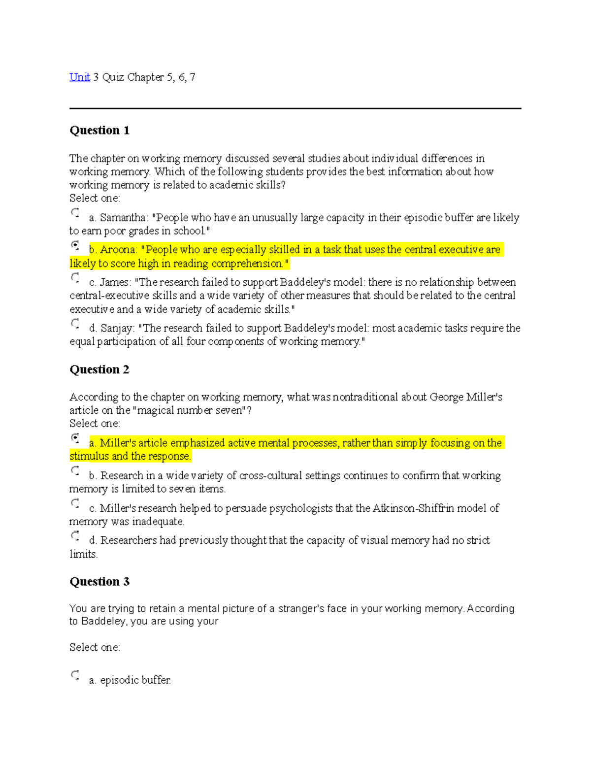 Unit 3 Quiz Chapter 5 6 7 - Unit 3 Quiz Chapter 5, 6, 7 Question 1 The ...
