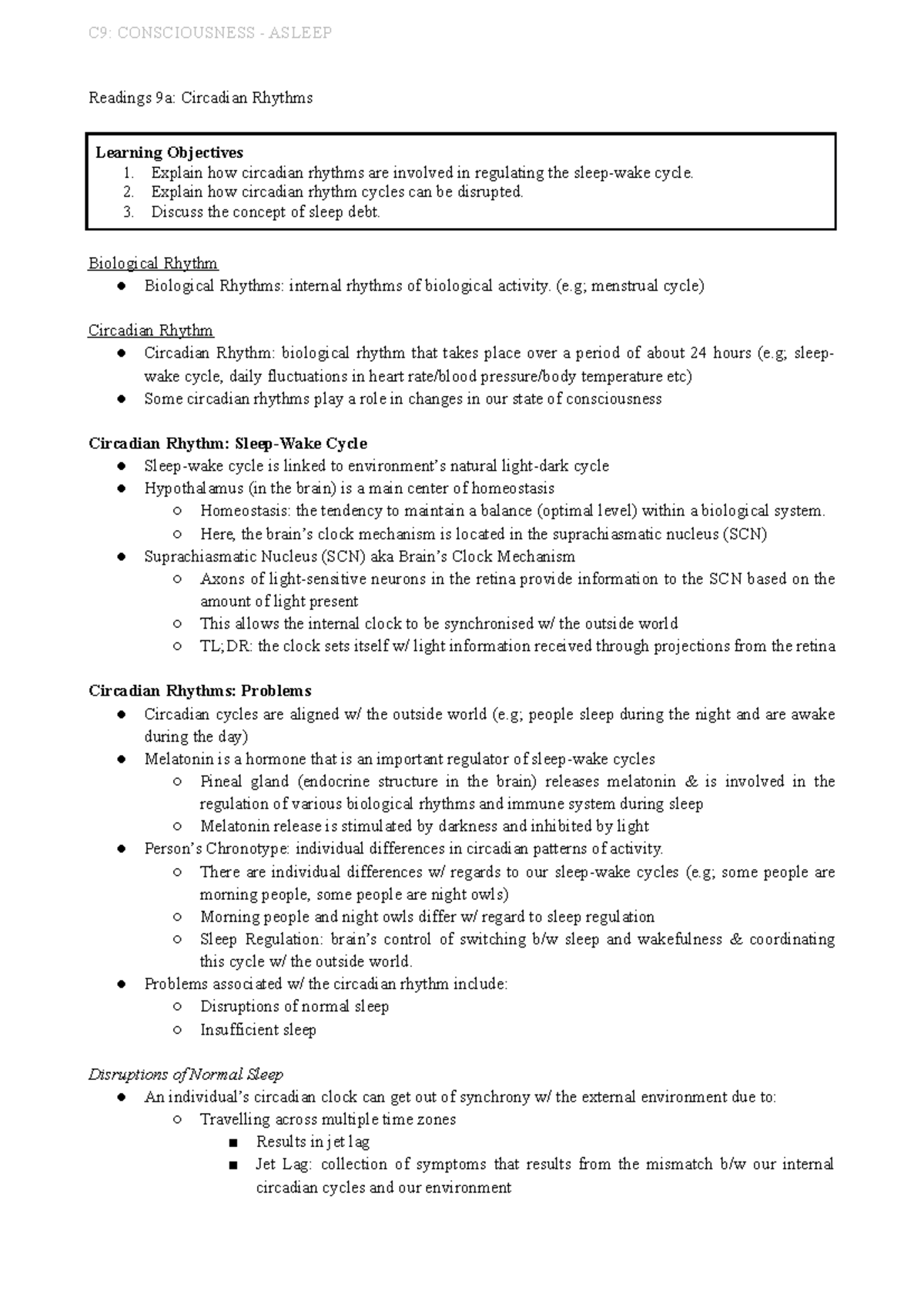 C9. Consciousness - Asleep - C9: CONSCIOUSNESS ASLEEP Readings 9a ...