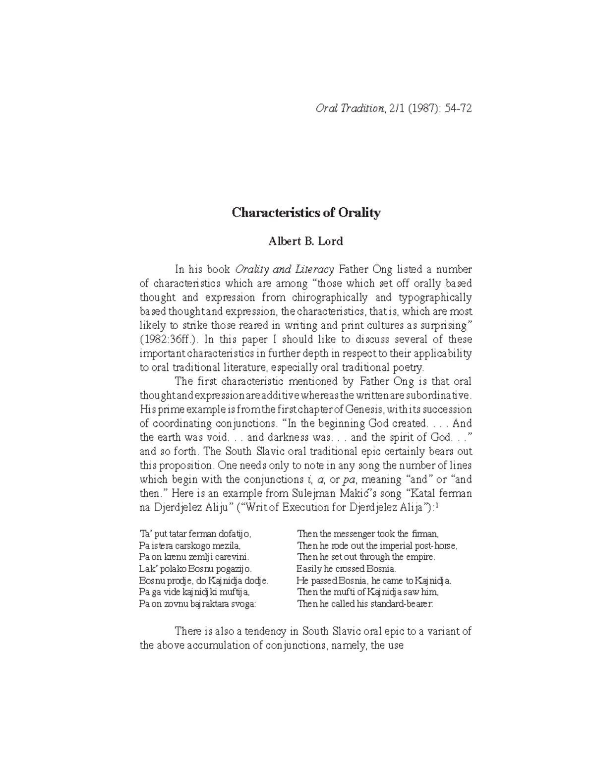 6 lord - Kasin - Oral Tradition, 2/1 (1987): 54- Characteristics of ...