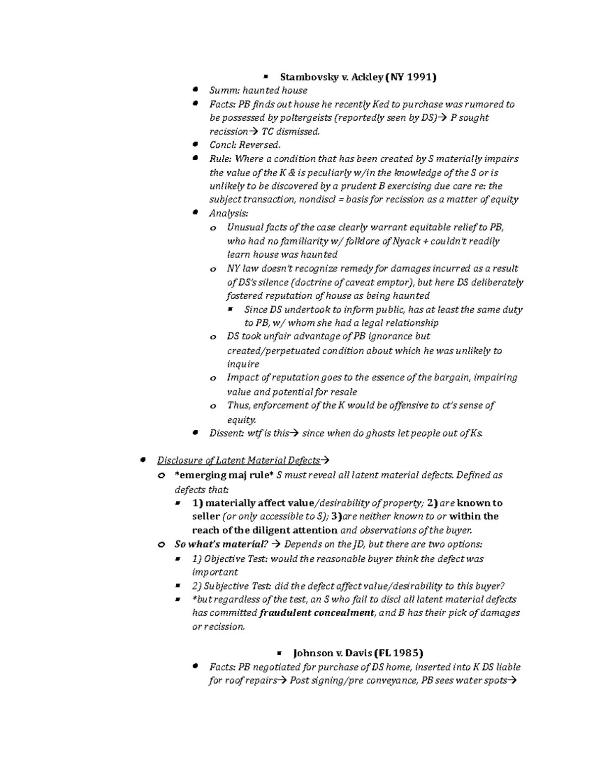 Property Law Outline 3 - Stambovsky v. Ackley (NY 1991) Summ: haunted ...