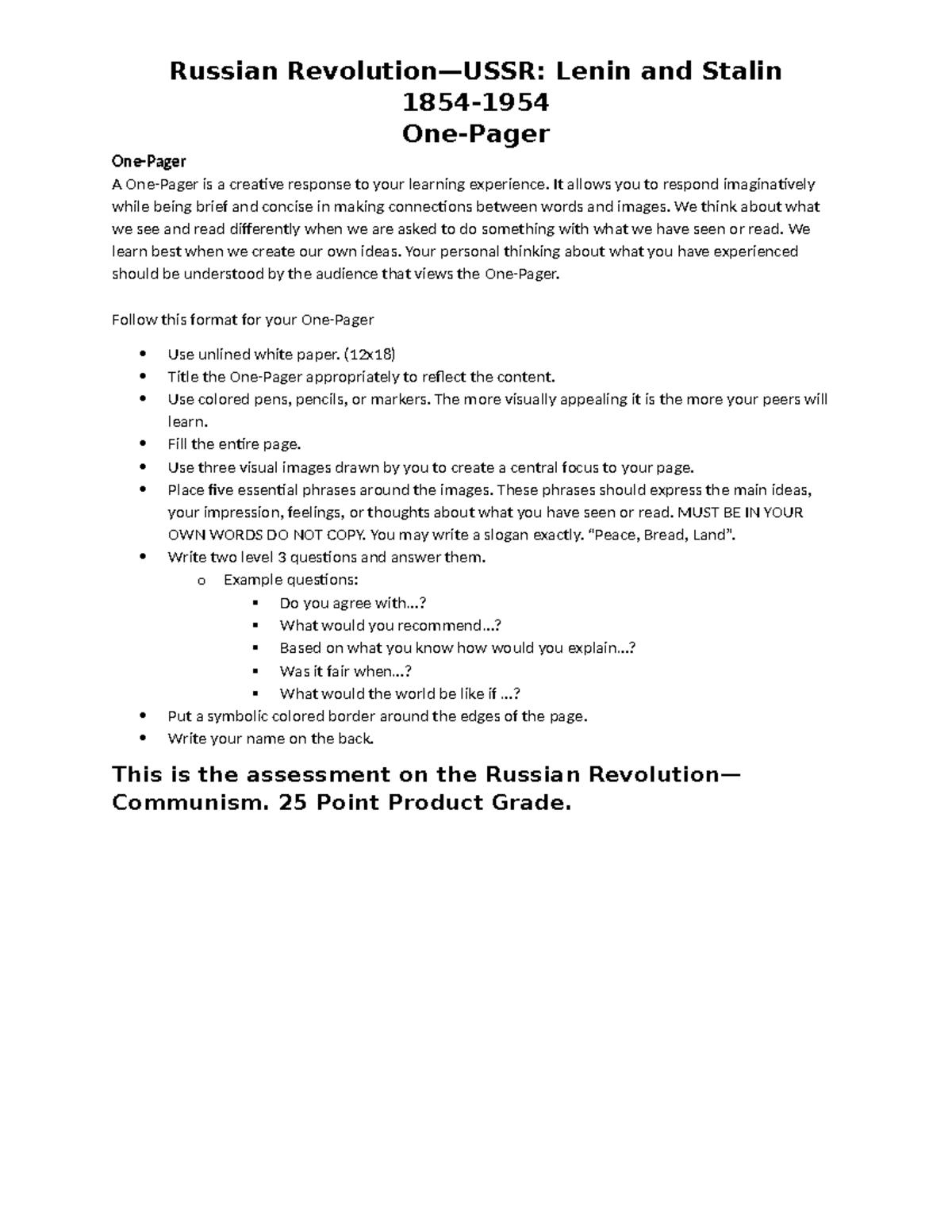 One-Pager Rus Rev-Com - Russian Revolution—USSR: Lenin and Stalin 1854 ...