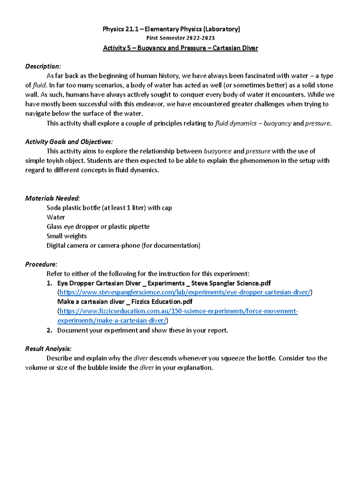 Activity 6 - Buoyancy Pressure - Cartesian Diver - Physics 21 ...