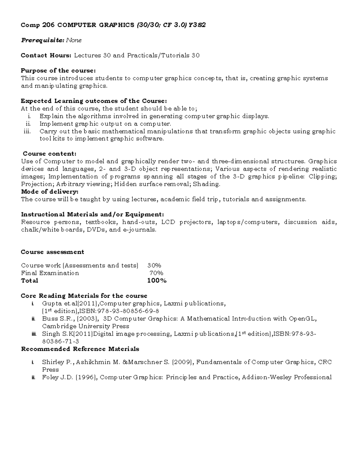 Comp 206 Computer Graphics course outline - Comp 206 COMPUTER GRAPHICS ...