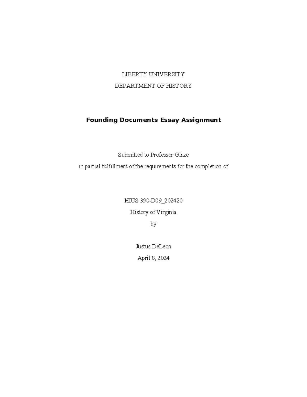 Founding Documents Essay - LIBERTY UNIVERSITY DEPARTMENT OF HISTORY ...