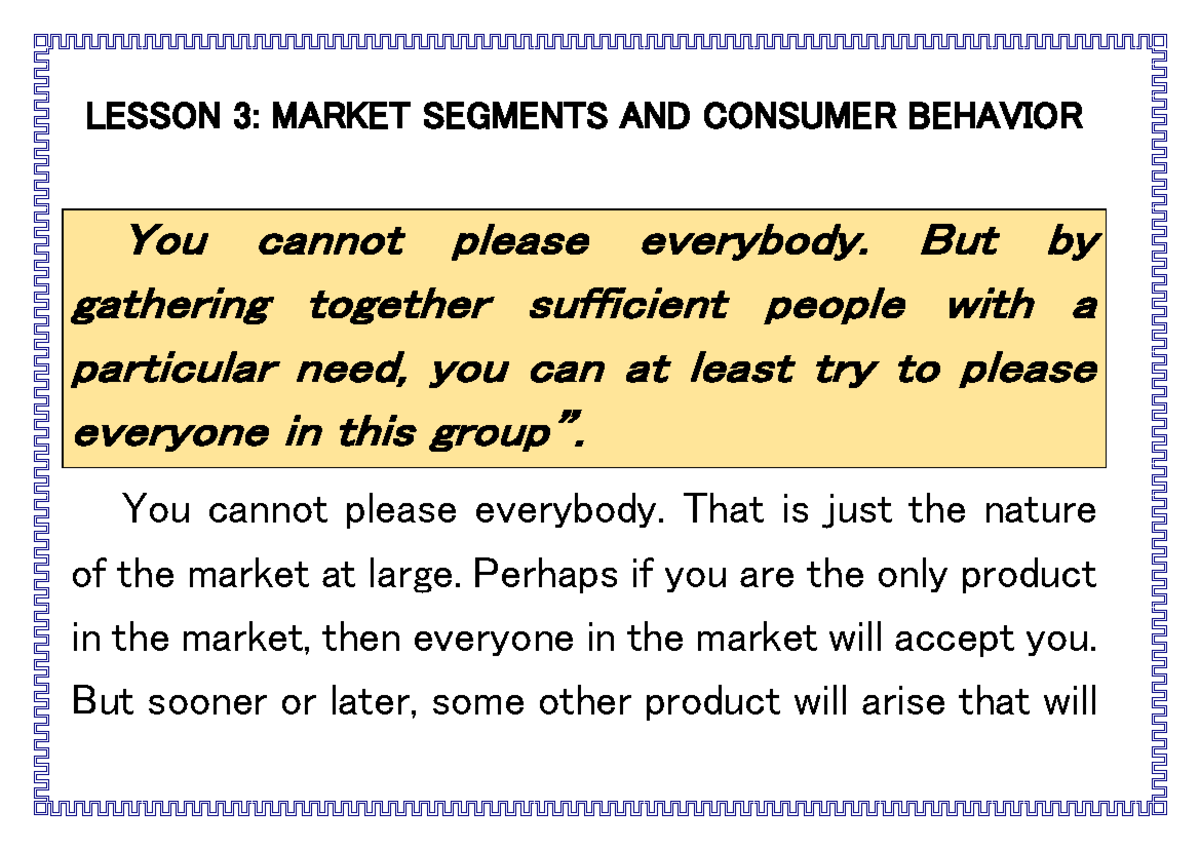 Lesson 3 - Principles of Marketing module 3 - LESSON 3 : MARKET ...