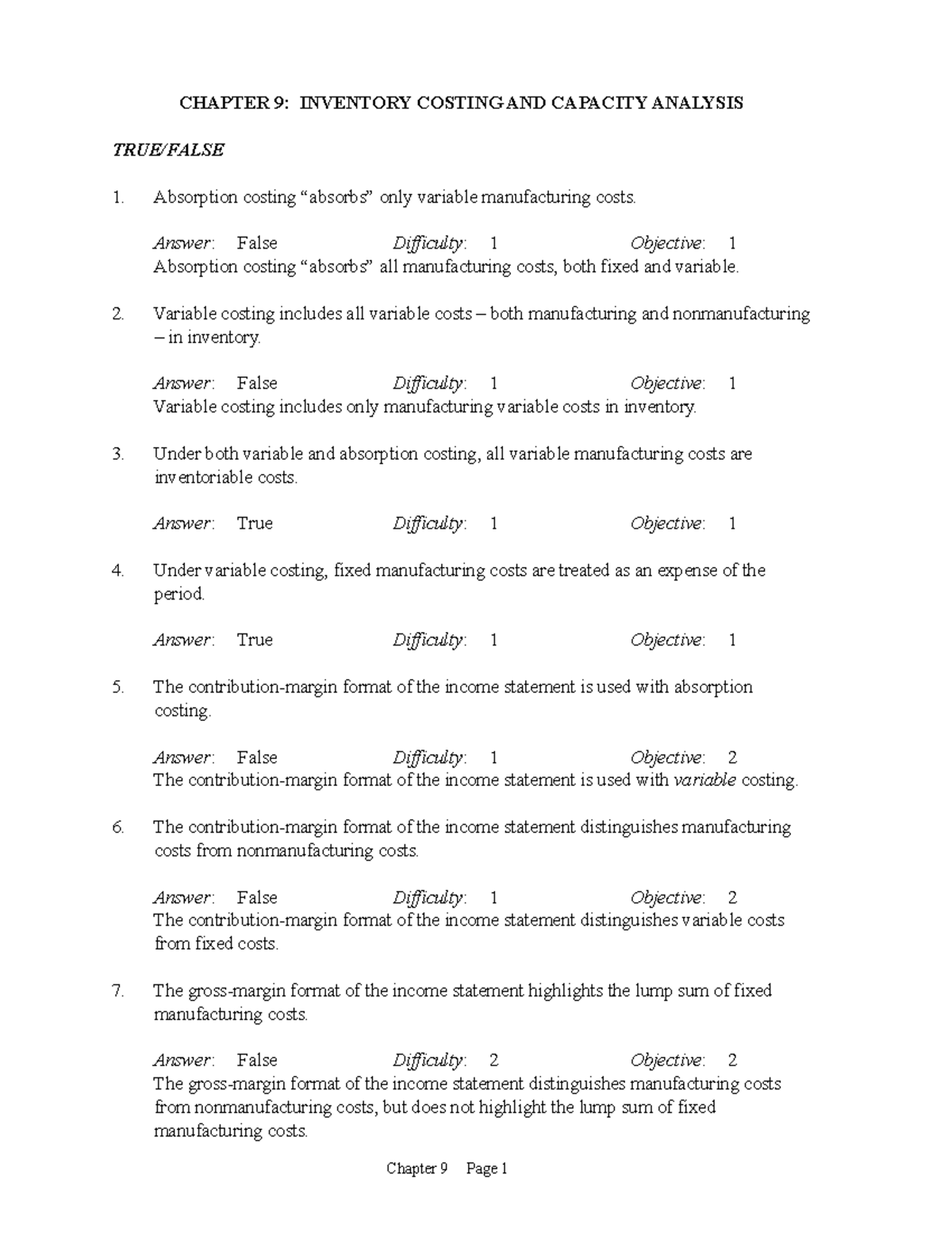 Pdf - BSA Accounting - CHAPTER 9: INVENTORY COSTING AND CAPACITY ANALYSIS TRUE/FALSE Absorption ...