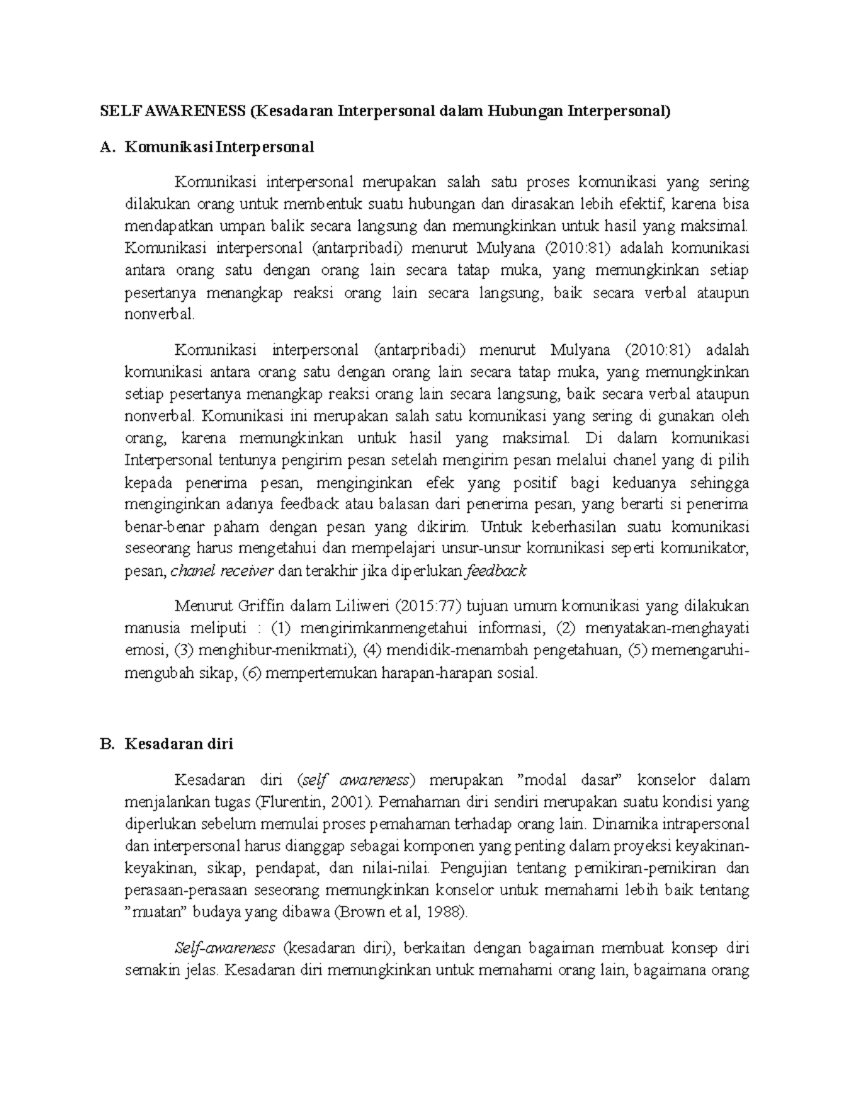 SELF Awareness - SELF AWARENESS (Kesadaran Interpersonal dalam Hubungan Interpersonal) A ...