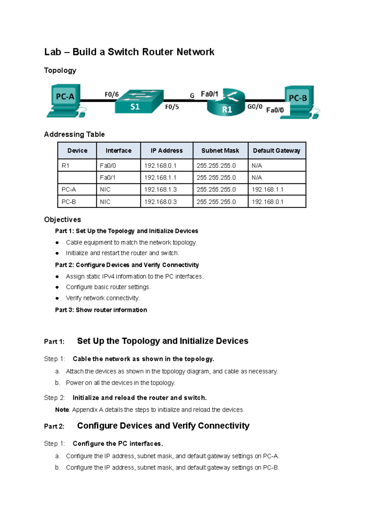 Netfun Wk 10 Notes Router Prac Lab Build A Switch Router Network Topology Addressing Table 6658