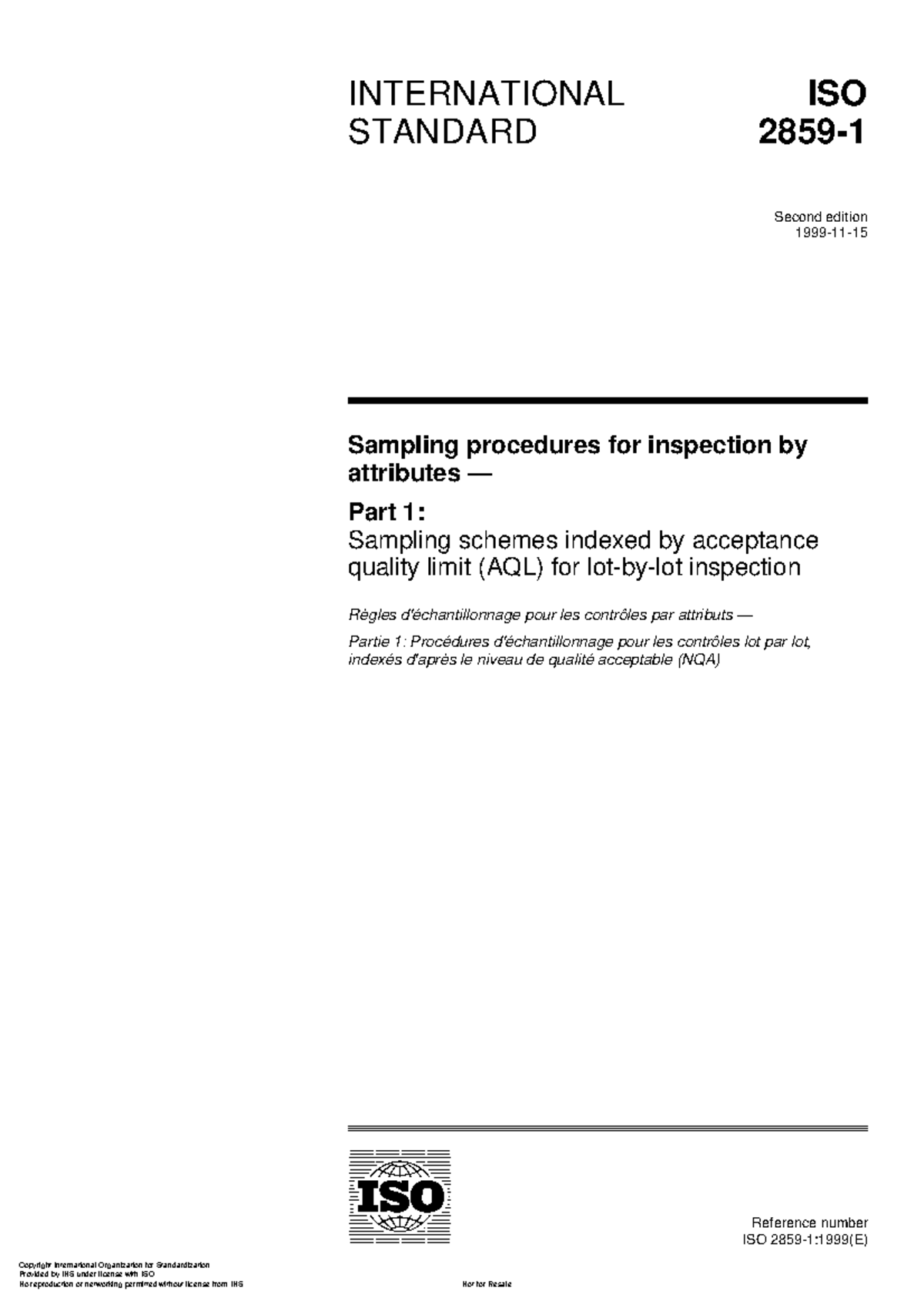 NTC ISO 2859-1 o Mlitary estandar 105E - A Reference number ISO 2859-1: ...