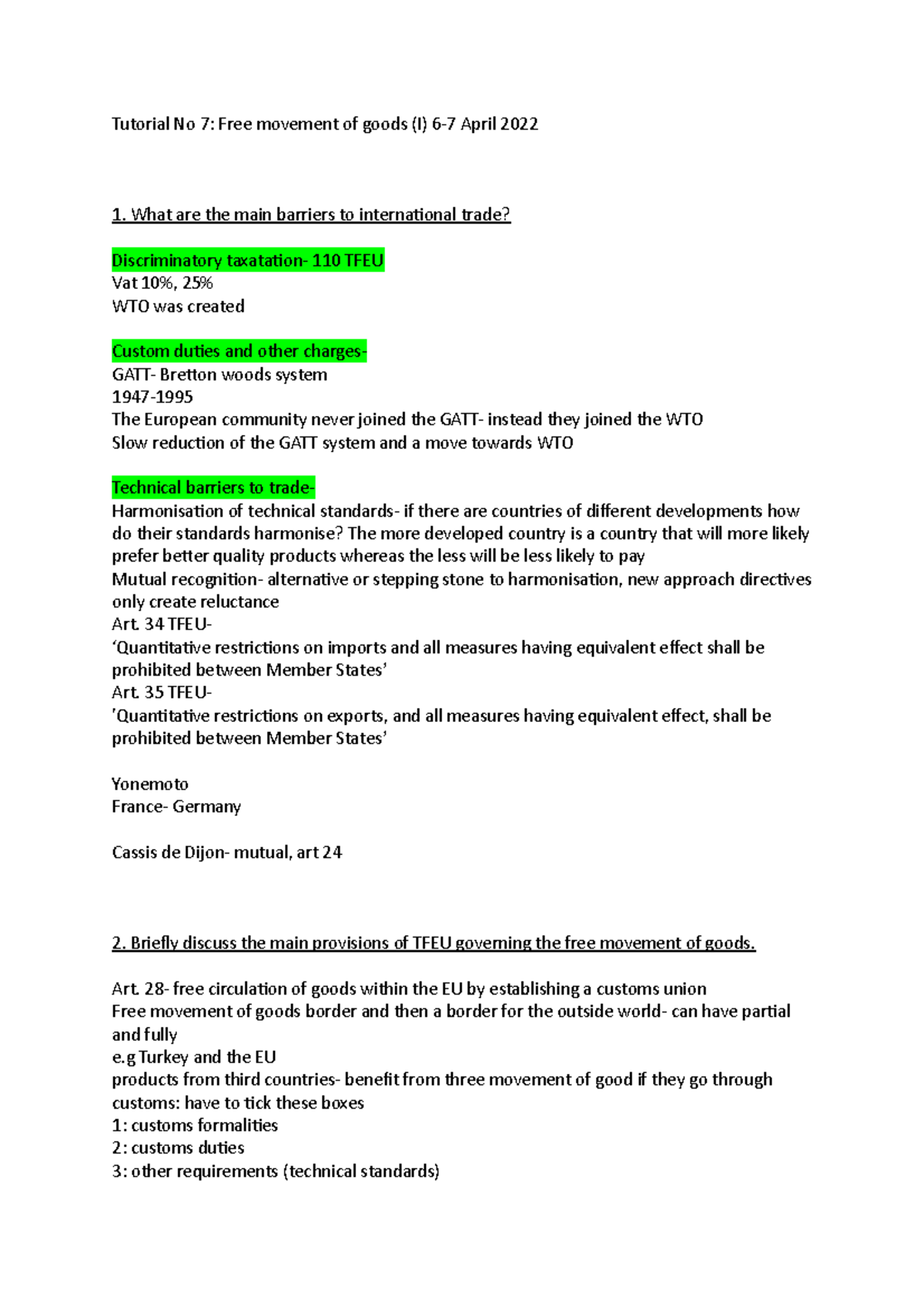 Eu Tutorial 7 - Tutorial No 7: Free movement of goods (I) 6-7 April ...