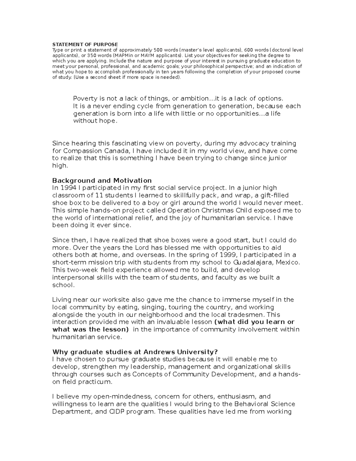 Sample SOP Community and Development - STATEMENT OF PURPOSE Type or ...