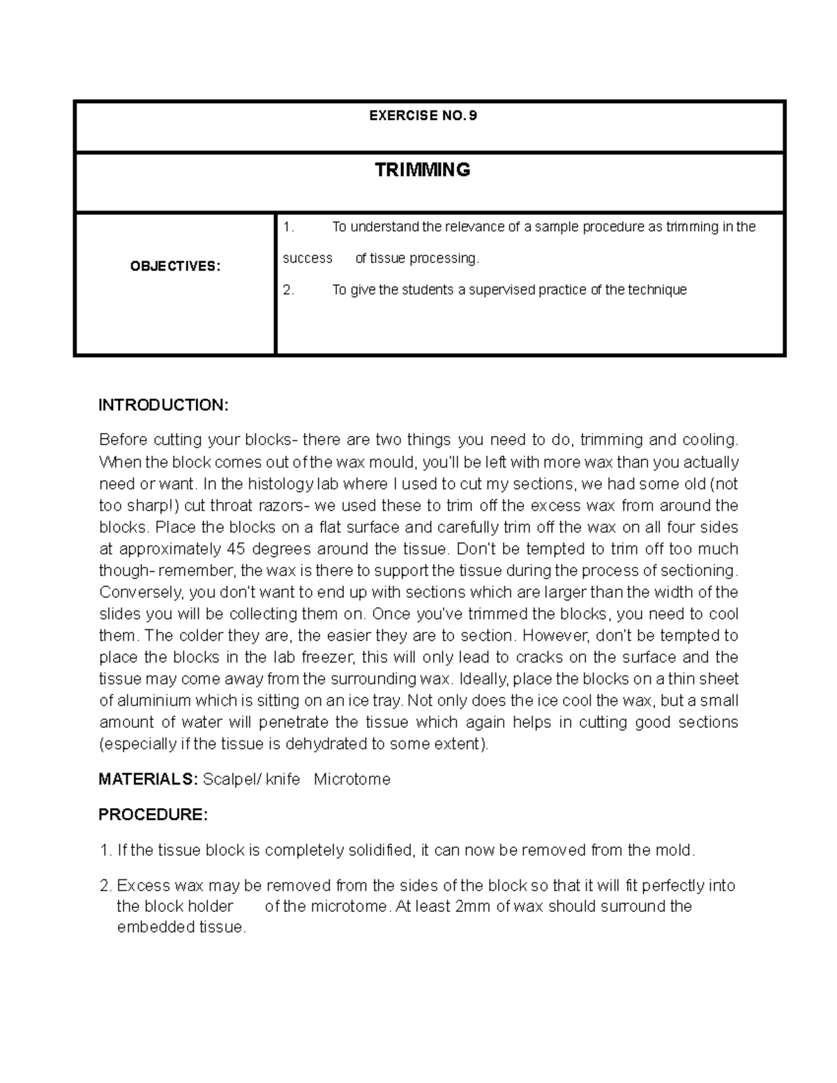 EXERCISE-TRIMMING - EXERCISE NO. 9 TRIMMING OBJECTIVES: 1. To ...