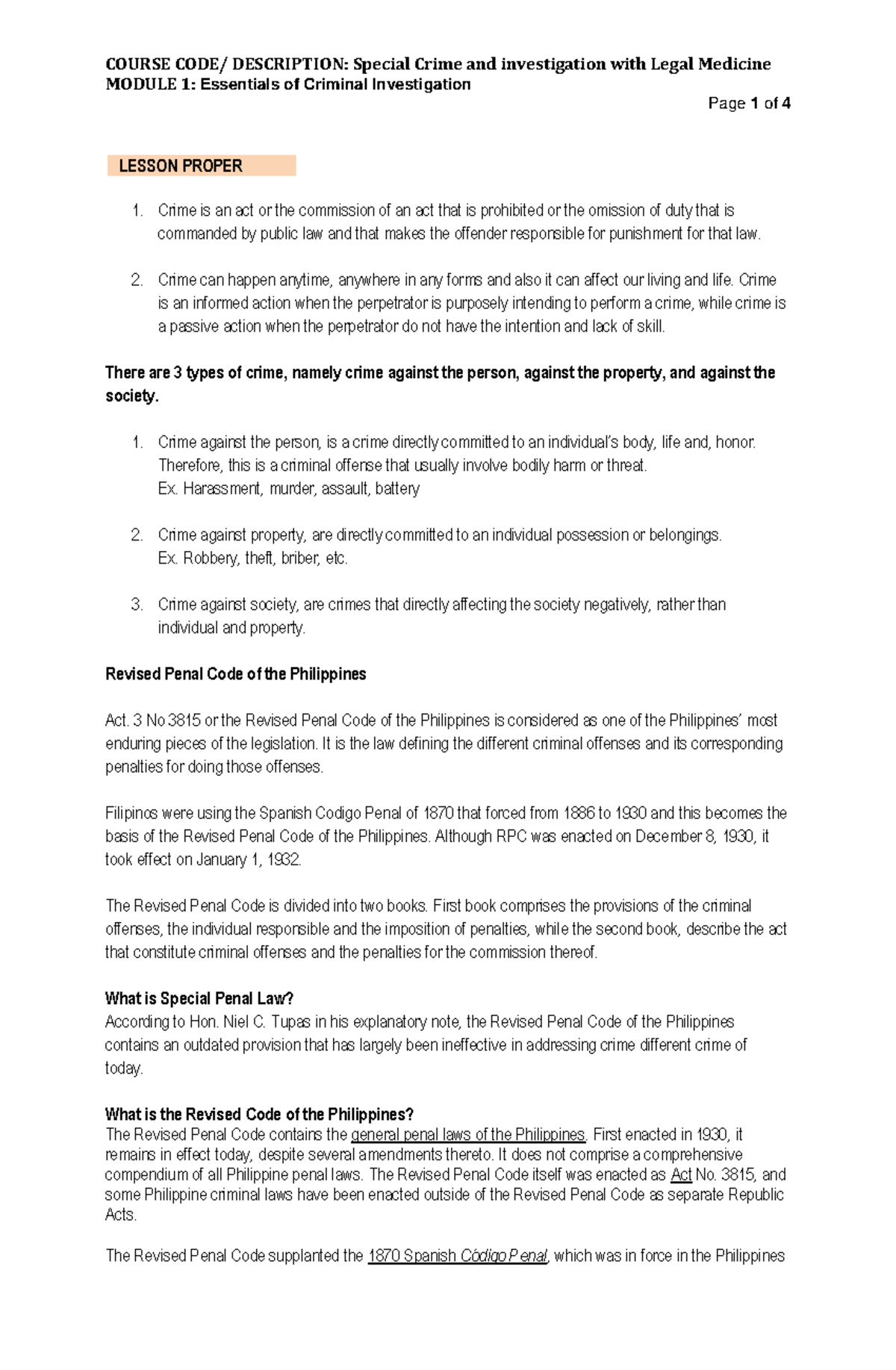 Module 1- Lesson Proper - MODULE 1: Essentials of Criminal ...