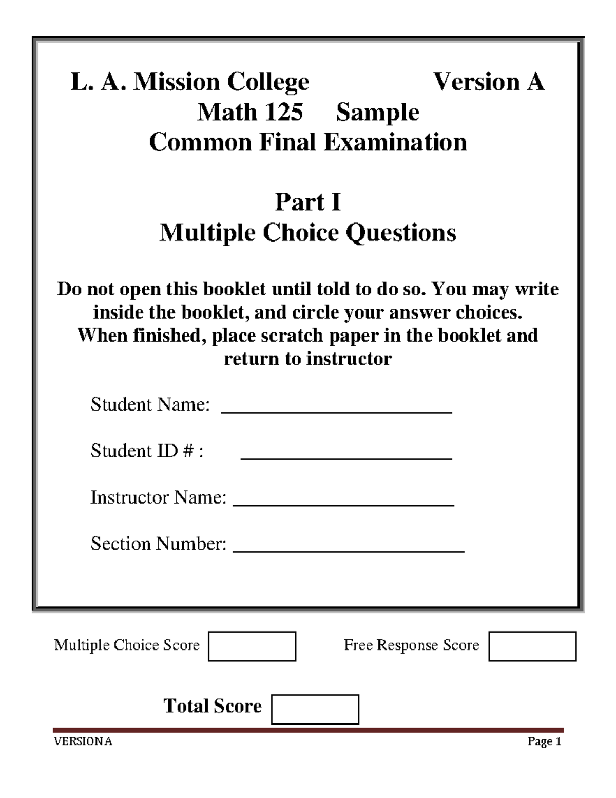 Math125Common Final Sample - L. A. Mission College Version A Math 125 ...