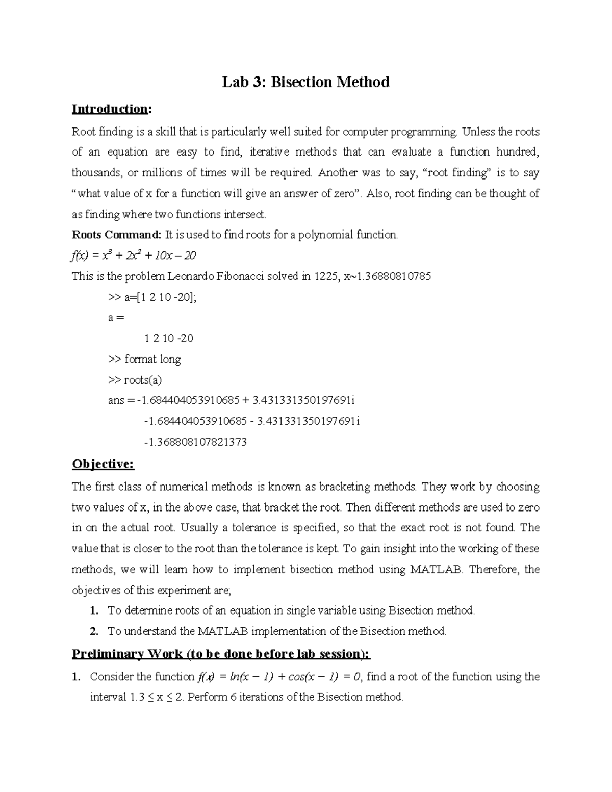 LAB 3 Manual- Bisection method and False position method - Lab 3 ...