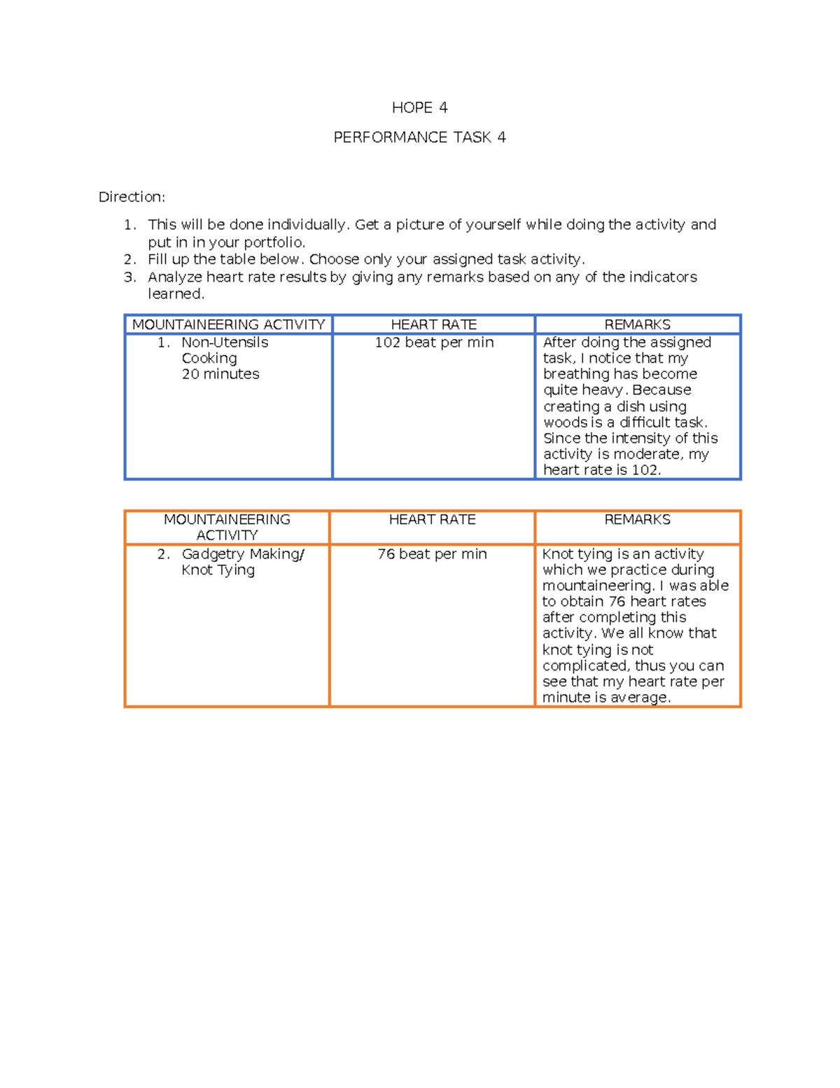 Physical EDU - HOPE 4 PERFORMANCE TASK 4 Direction: 1. This will be ...