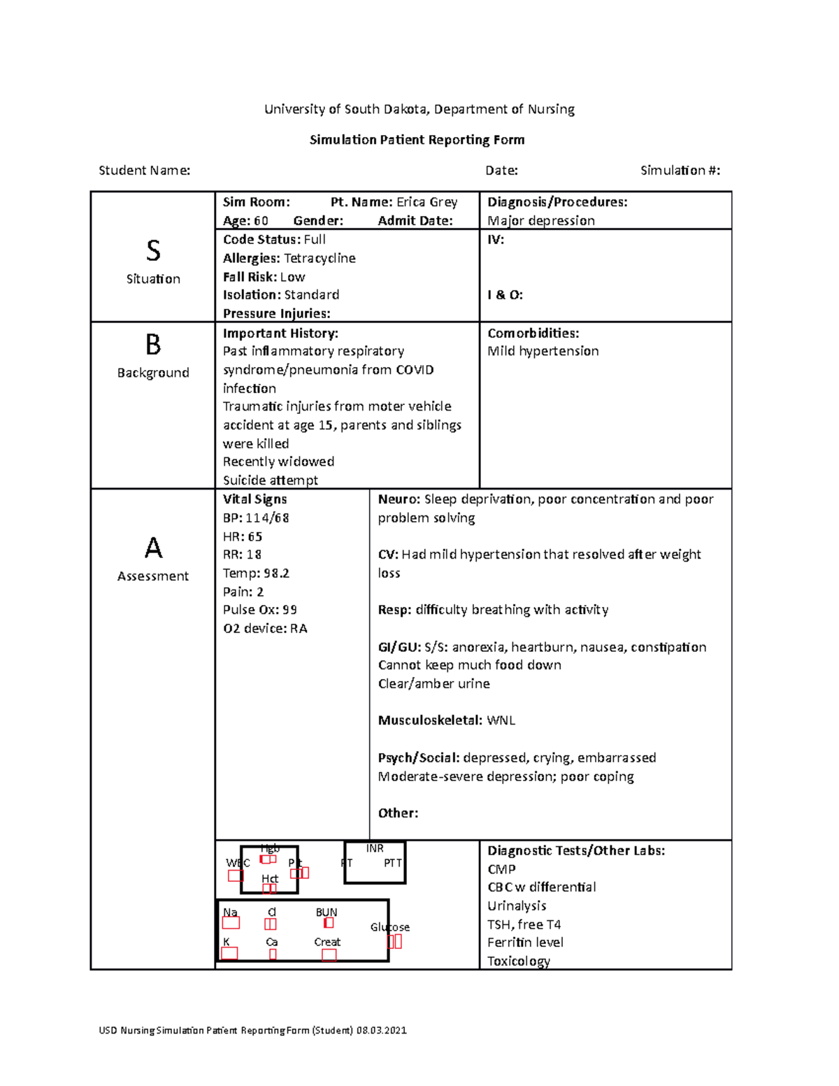 Simulation Patient Reporting Form student - University of South Dakota ...