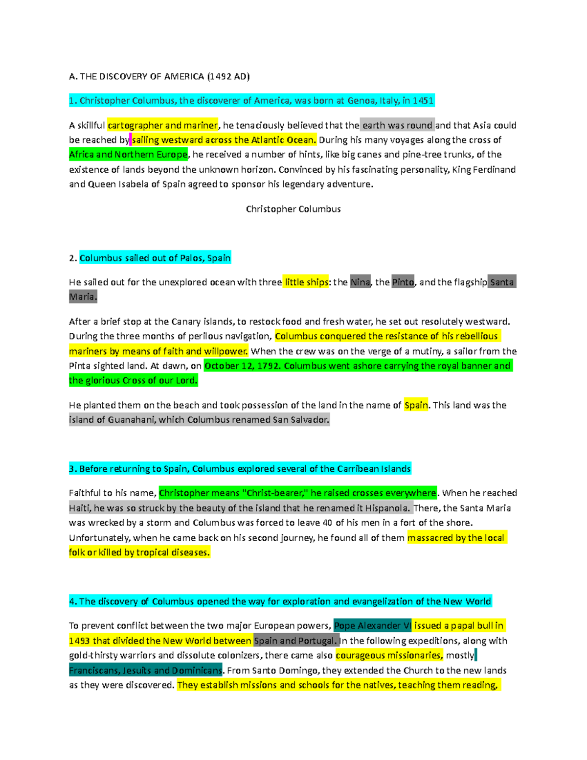 THEO - Theology 6 - A. THE DISCOVERY OF AMERICA (1492 AD) Christopher ...