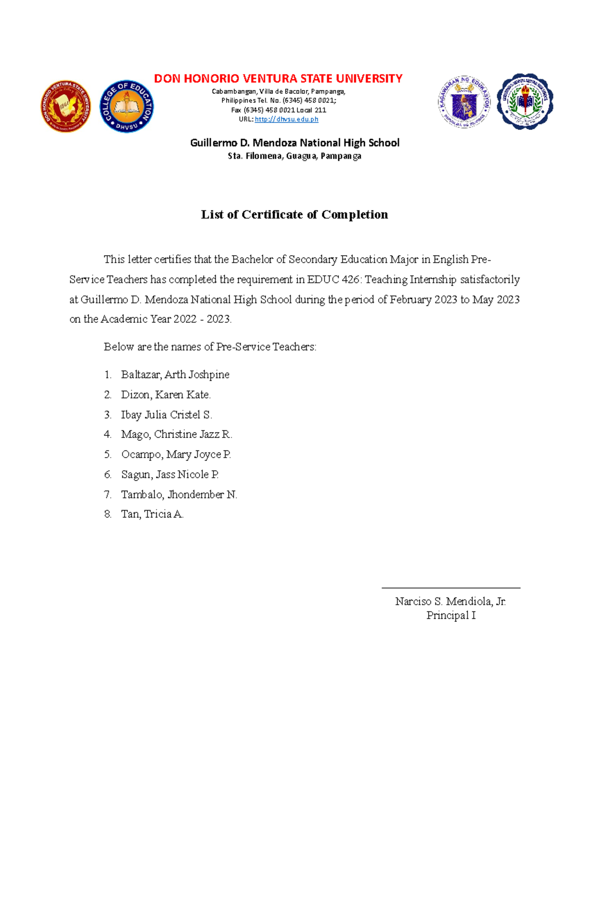 List of Certificate of Completion - DON HONORIO VENTURA STATE ...