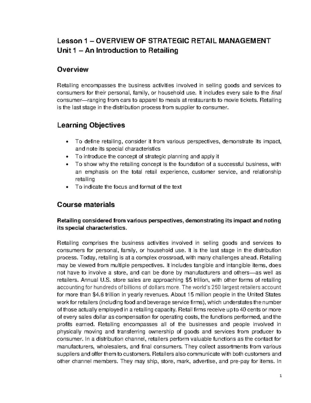 BSBA MM 1 1 Retail Management - Lesson 1 3 OVERVIEW OF STRATEGIC RETAIL MANAGEMENT Unit 1 3 An ...