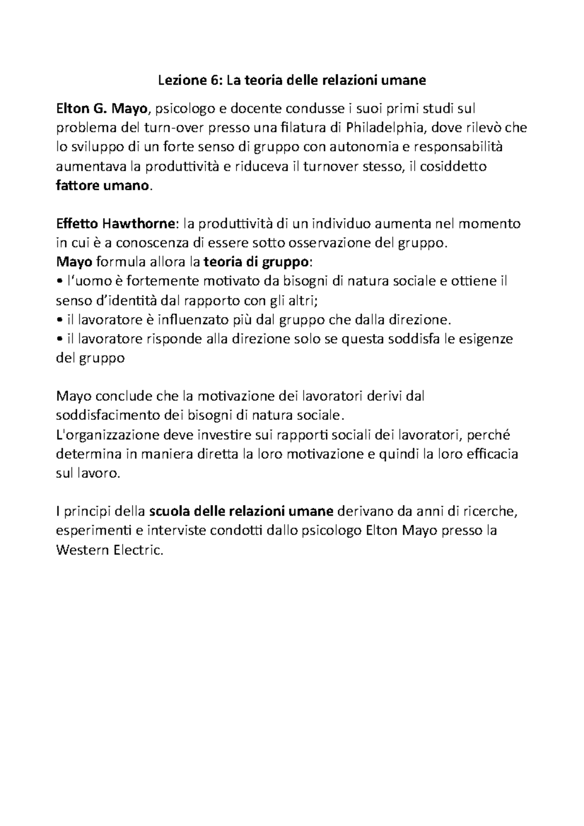 Lezione 6 - Lezione 6: La teoria delle relazioni umane Elton G. Mayo ...