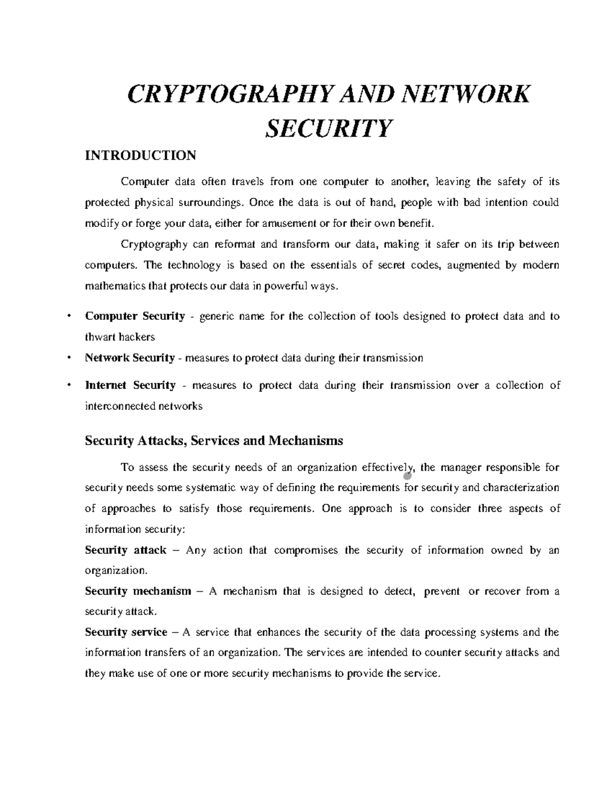 ICS Unit-1 Notes - CRYPTOGRAPHY AND NETWORK SECURITY INTRODUCTION ...