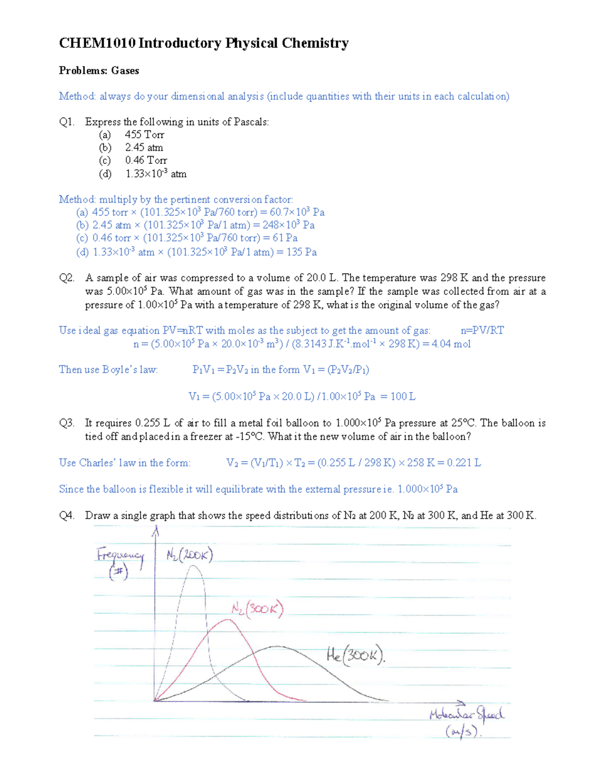 CHEM1010 Gas Worksheet solutions - CHEM1010 Introductory Physical ...