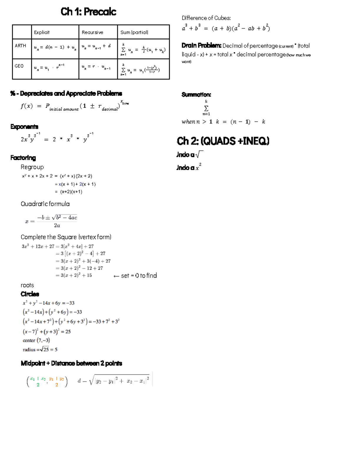 Precalculus CH 1-3 Final Notes - Ch 1: Precalc Explicit Recursive Sum ...