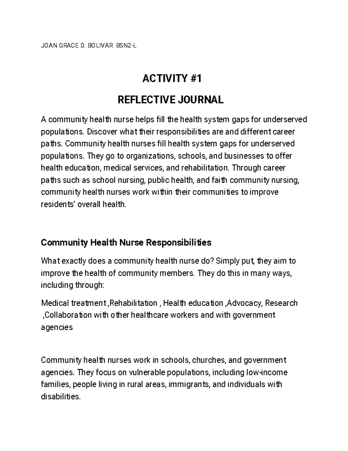 Activity#1 Reflective Journal - JOAN GRACE D. BOLIVAR BSN2-L ACTIVITY ...