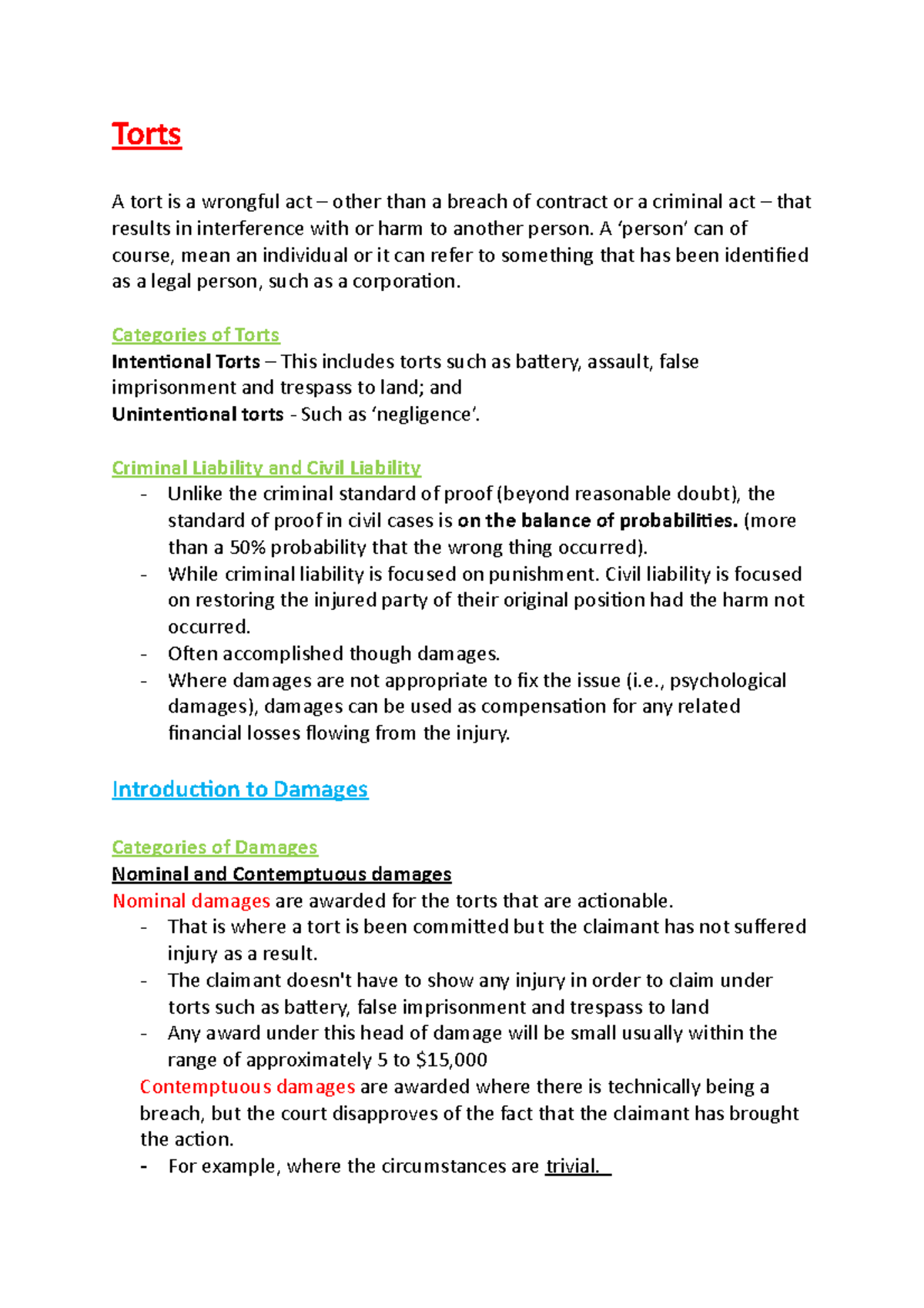 Torts Notes - Torts A tort is a wrongful act – other than a breach of ...