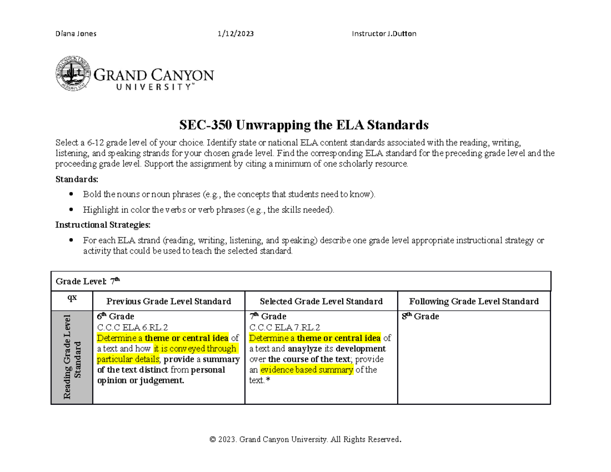 SEC-350 RS T1 SEC-350 Unwrapping the ELA Standards - Diana Jones 1/12 ...