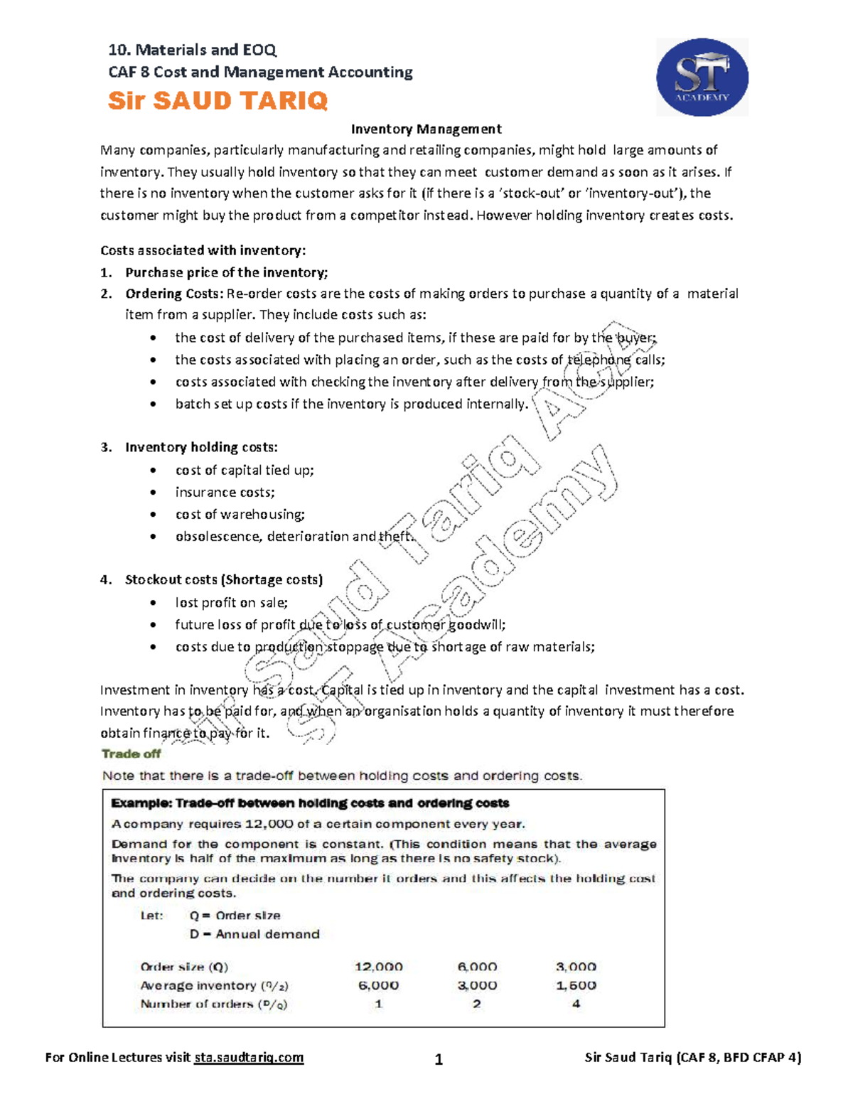 10. Materials EOQ by Sir Saud Tariq ST Academy - CAF 8 Cost and Management Accounting Sir SAUD ...
